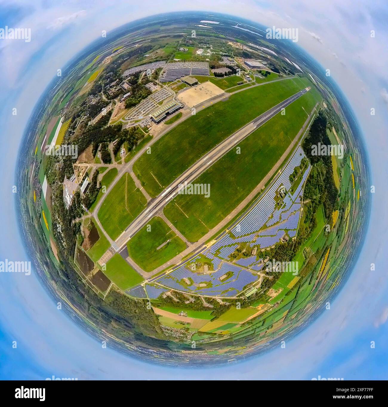 Aerial view, Airport Weeze, runway, solar park and terminal handling ...