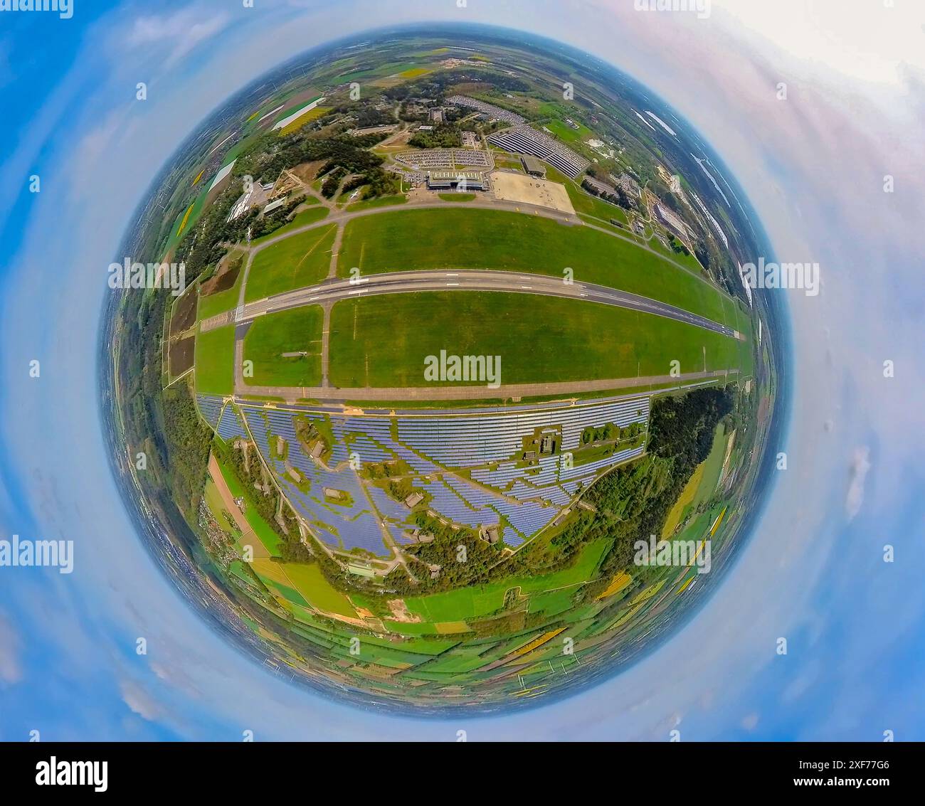Aerial view, Airport Weeze, runway, solar park and terminal, parking ...