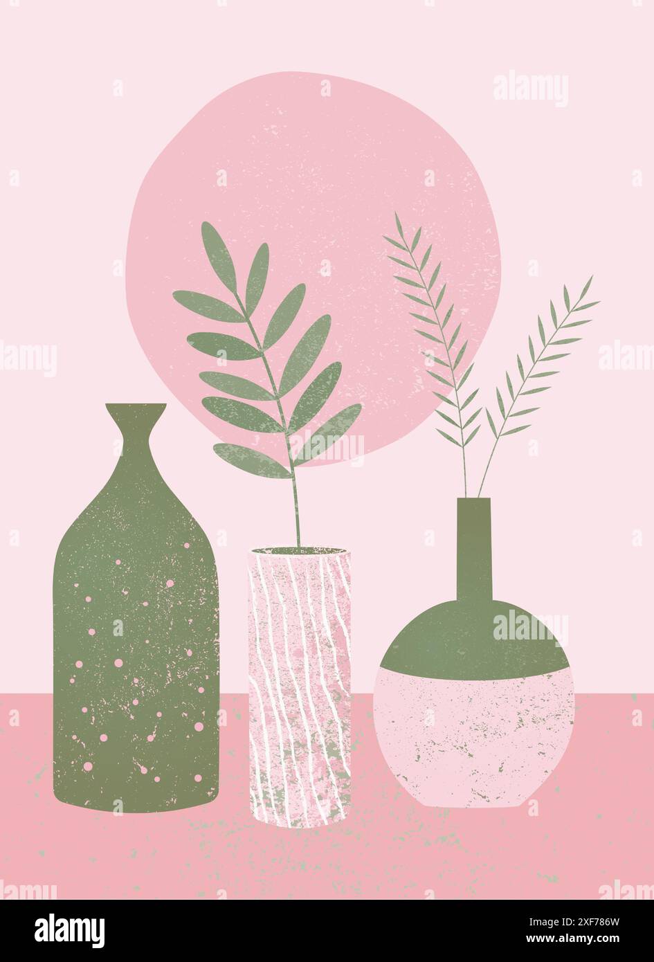 Modern minimalist vases with abstract plant and sun. Grunge texture ...