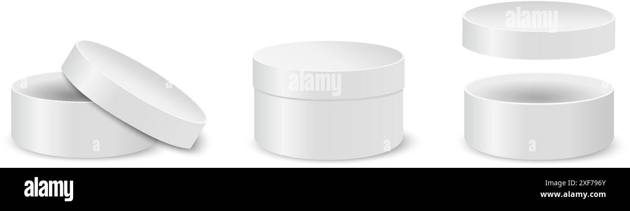 Closed and open round cardboard or tin boxes. Circular containers for ...