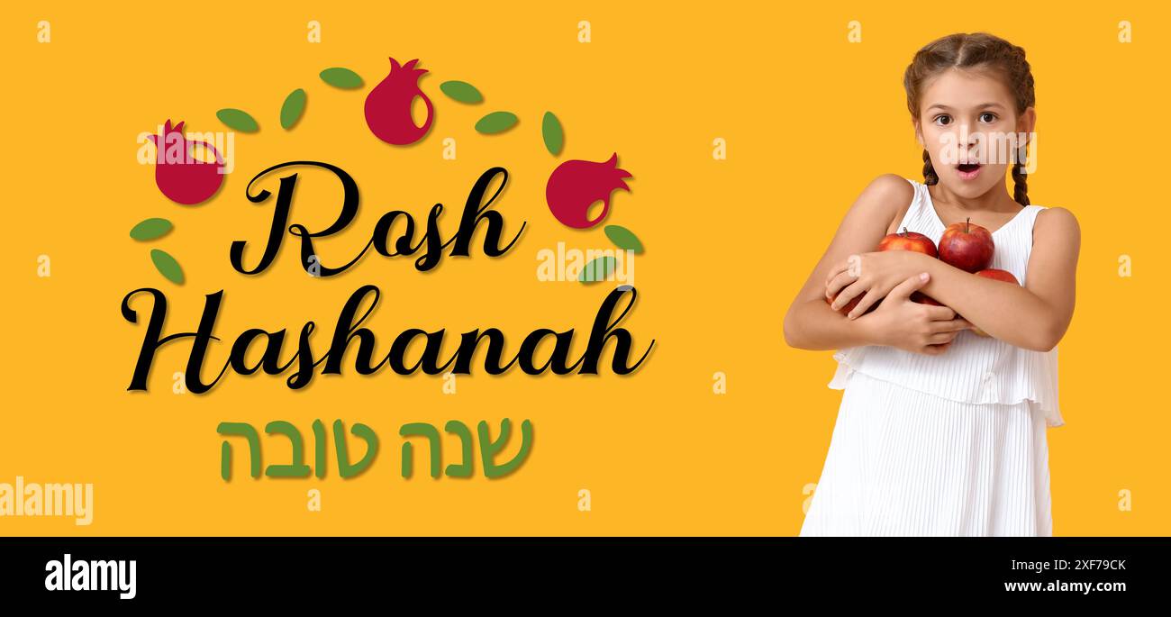Little girl holding apples on yellow background. Banner for Rosh ...