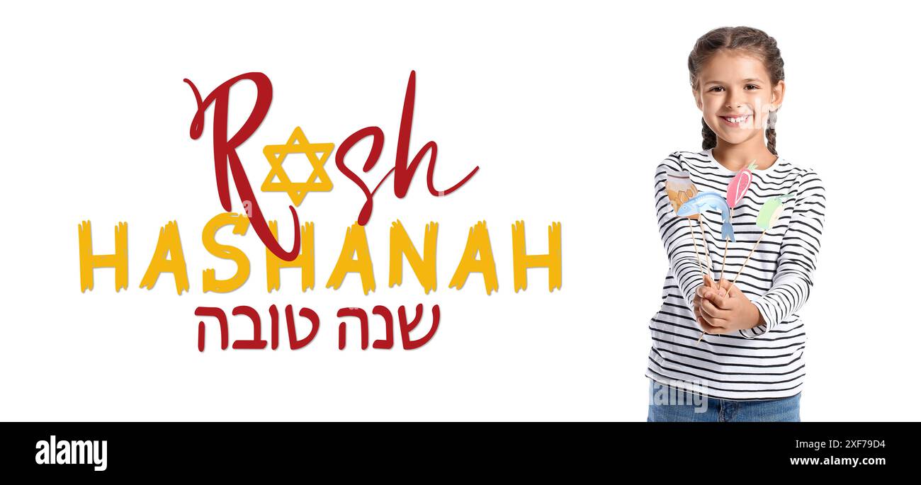 Banner for Rosh Hashanah (Jewish New Year) with little girl on white ...