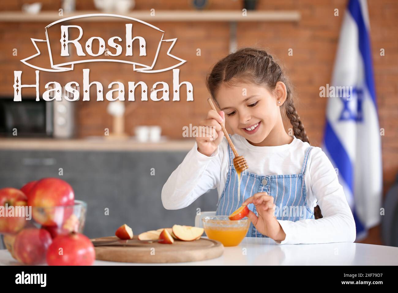 Greeting card with little girl celebrating Rosh Hashanah (Jewish New ...