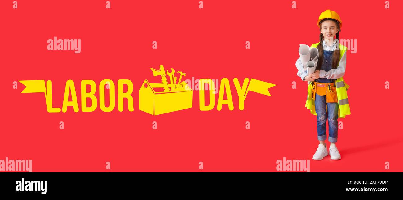 Banner for Labor Day with cute little architect on red background Stock ...