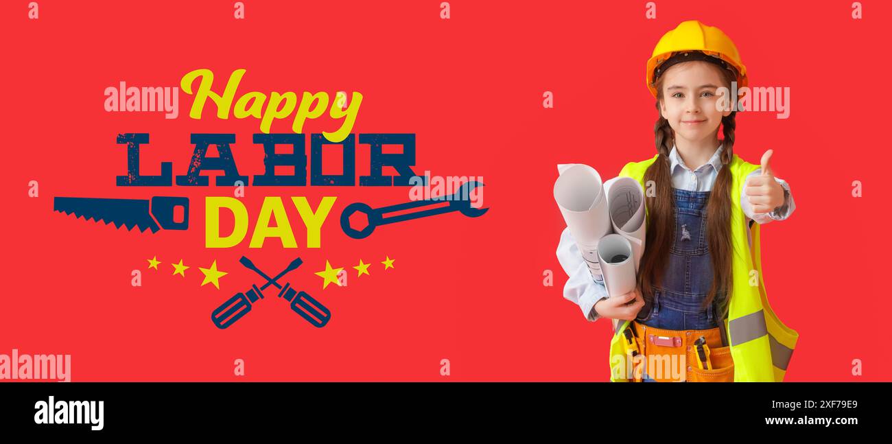 Banner for Labor Day with cute little architect on red background Stock ...