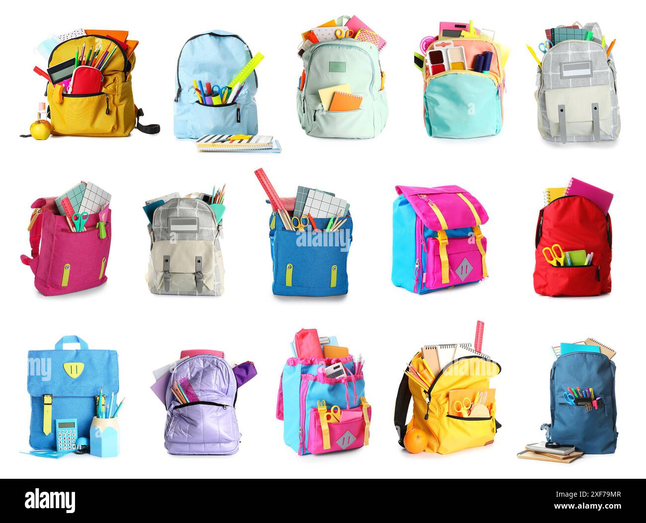 Set of many school backpacks on white background Stock Photo - Alamy