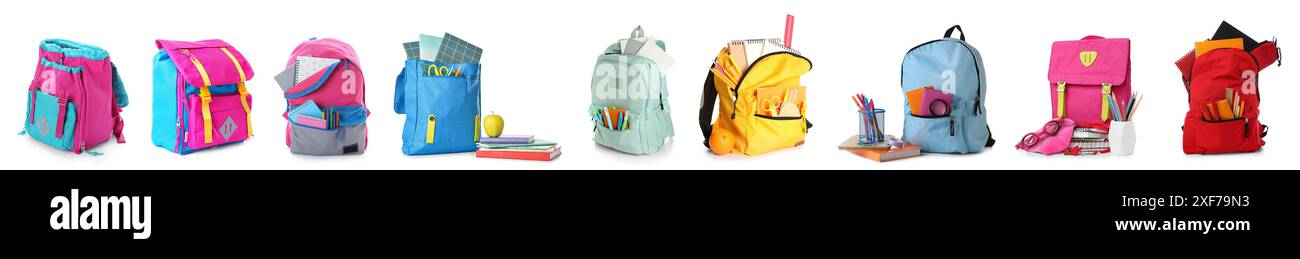 Set of many school backpacks on white background Stock Photo - Alamy