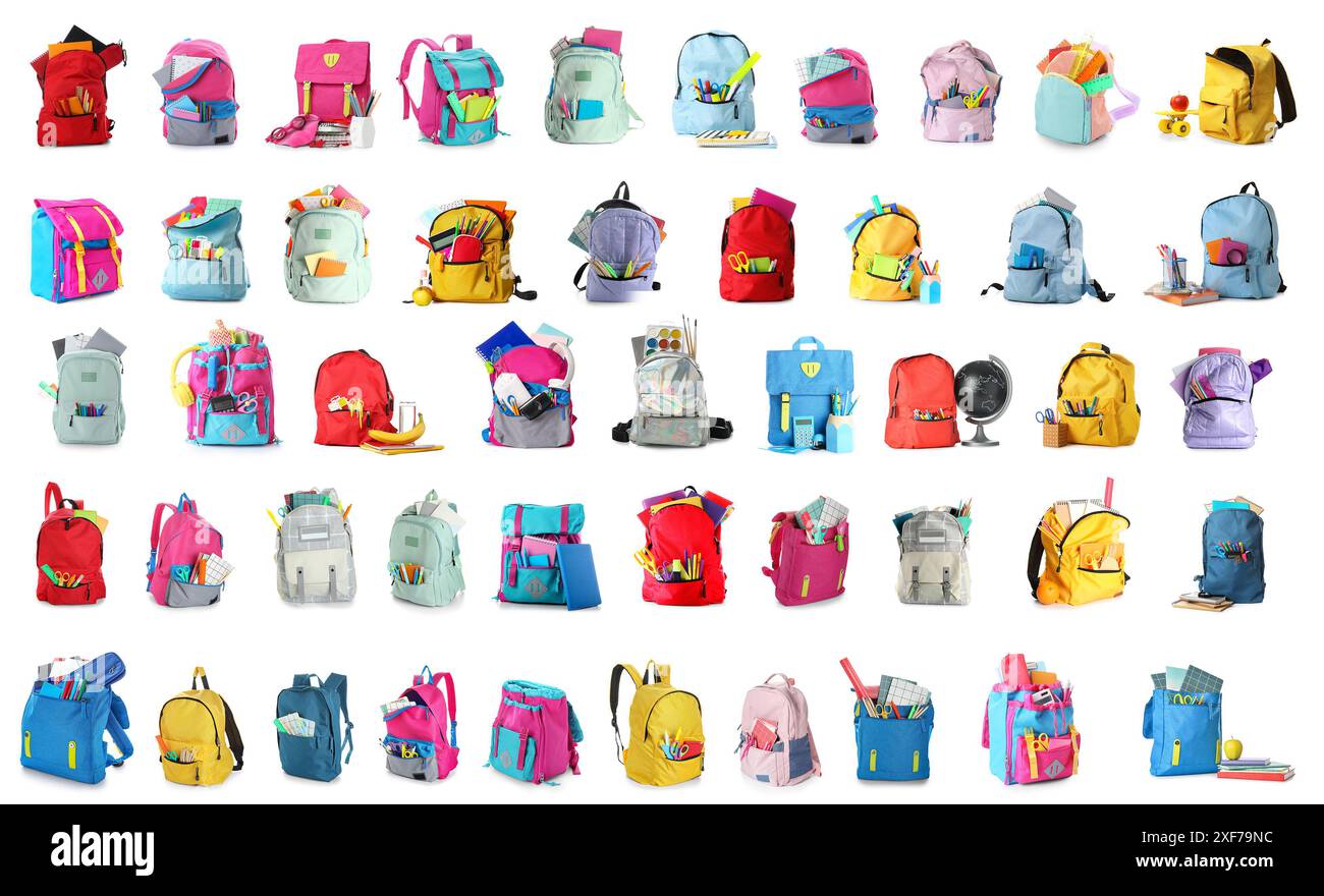 Set of many school backpacks on white background Stock Photo - Alamy
