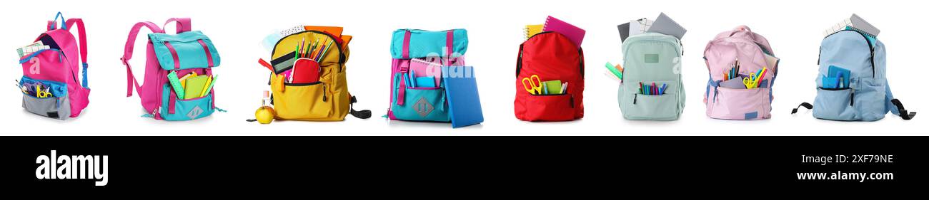 Set of many school backpacks on white background Stock Photo - Alamy