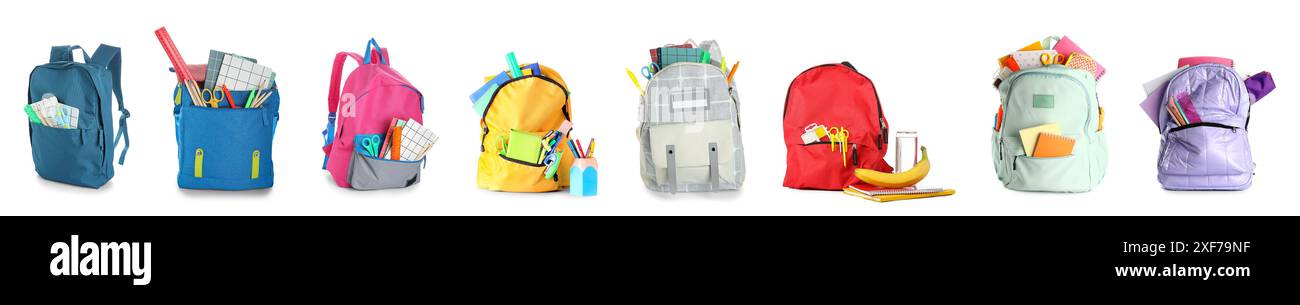 Set of school backpacks on white background Stock Photo - Alamy