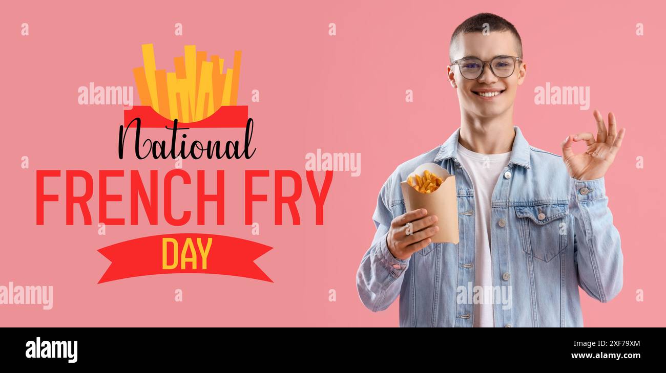 Banner for National French Fry Day with happy young guy Stock Photo - Alamy