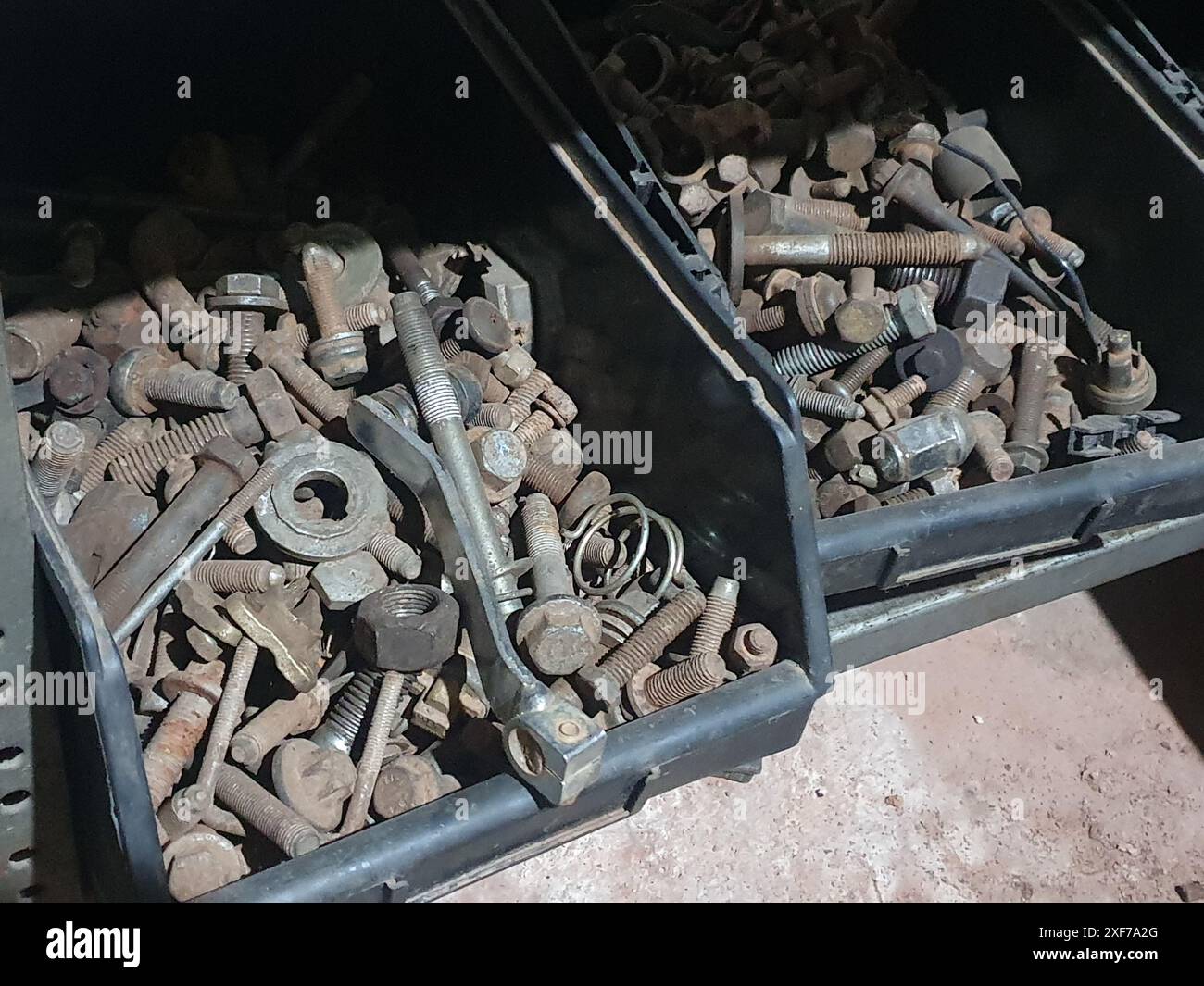 Plastic compartments filled with screws, nuts, rings, loops and other ...