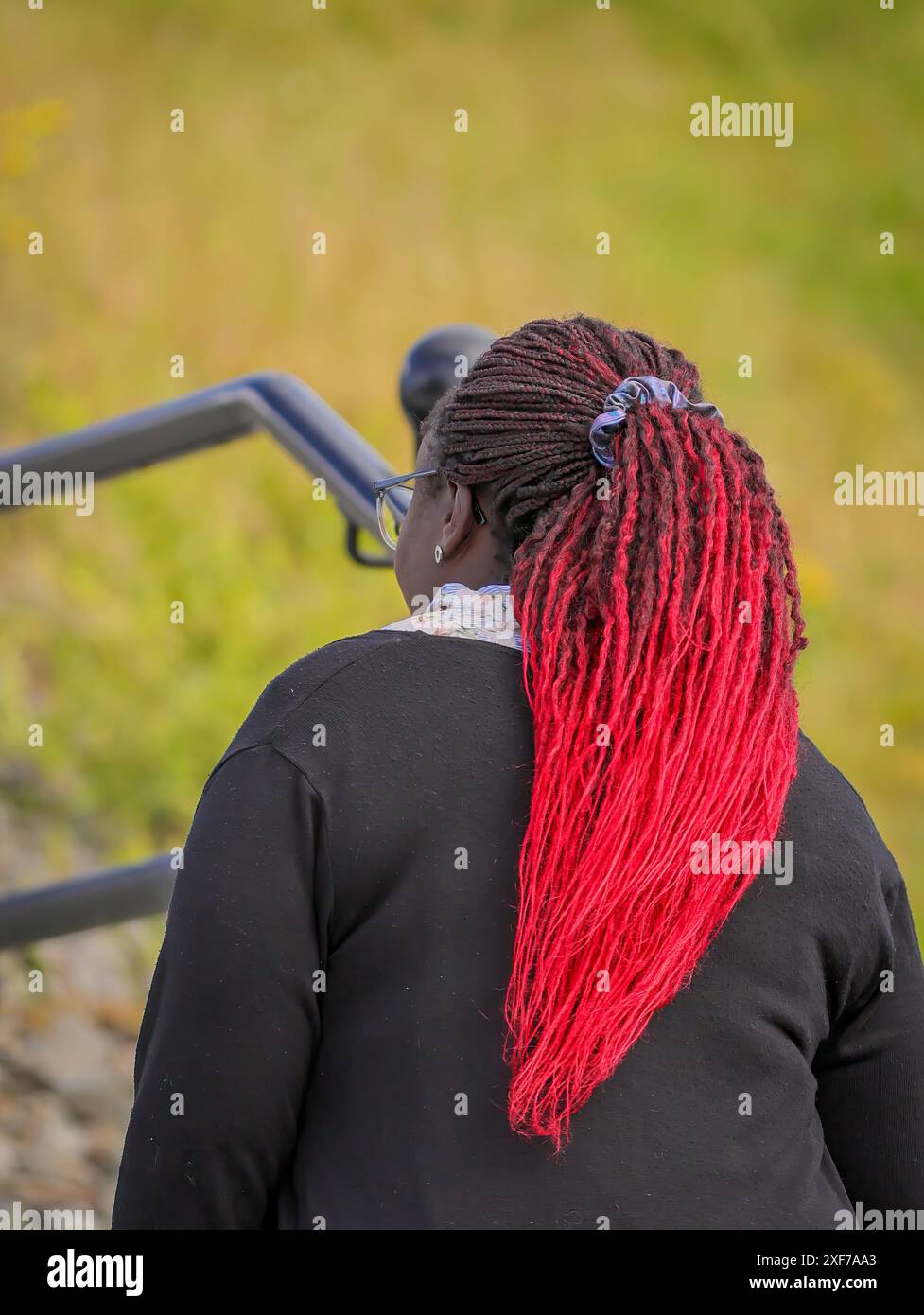 Rear view of a woman with long, red braided hair walking outdoors Stock ...