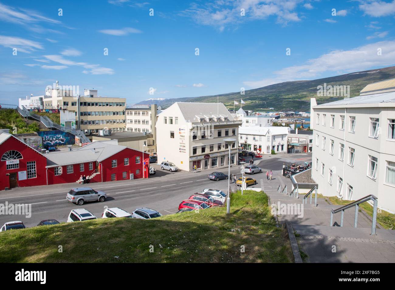 Akureyri Iceland, June 15. 2023: buildings and people in city center of ...