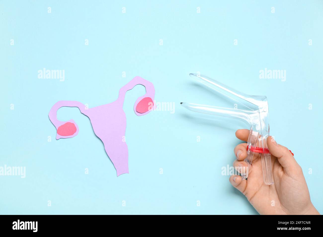 Female hand with paper uterus and gynecological speculum on blue ...