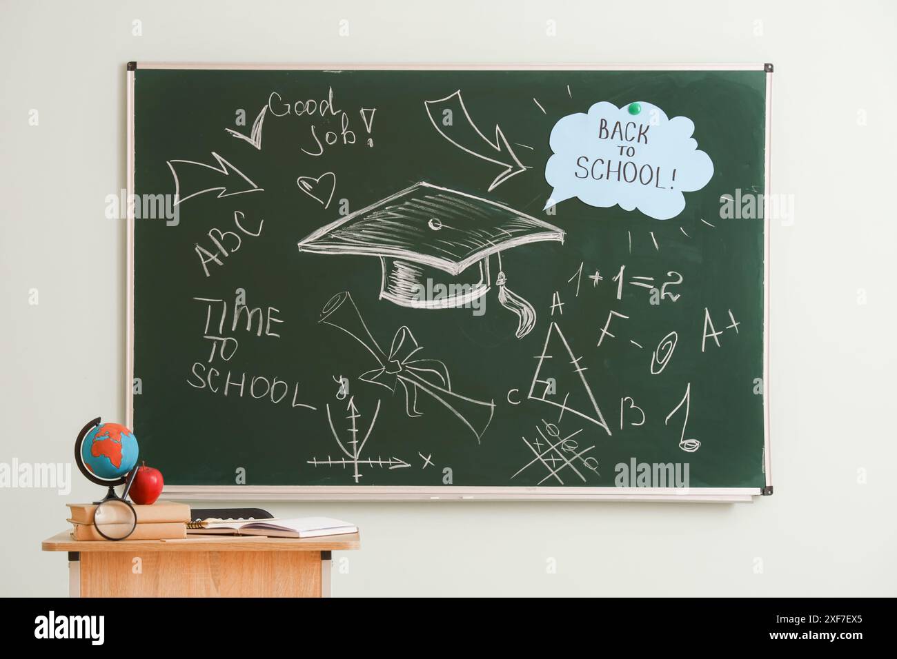 Green chalkboard with different drawings and text BACK TO SCHOOL in ...