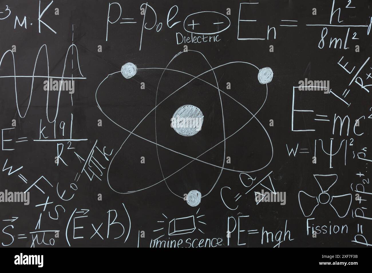 Drawn atomic structure and physics formulas on black chalkboard Stock ...