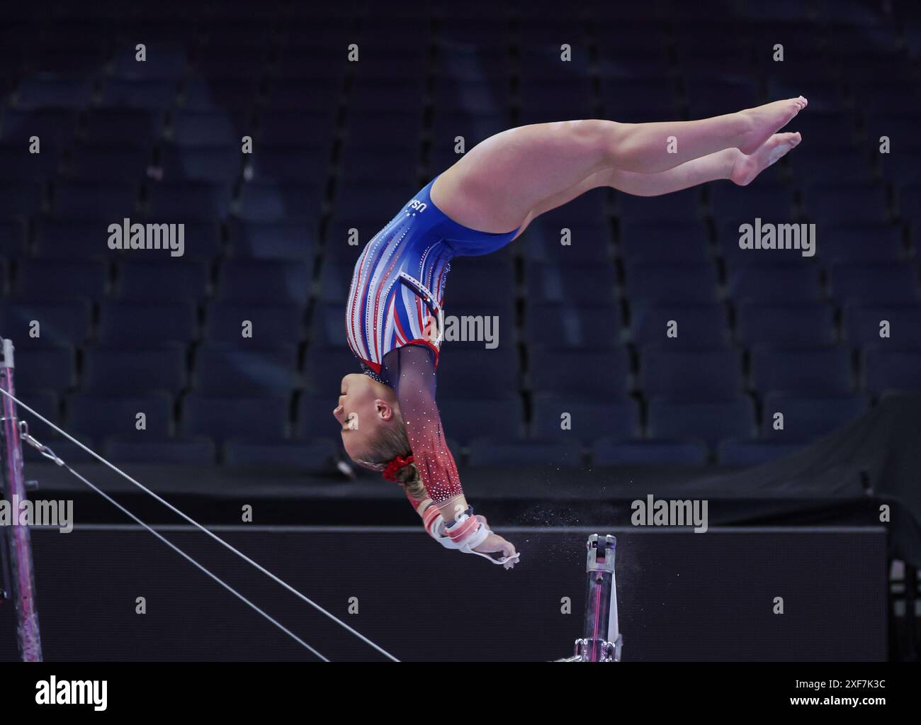 June 30, 2024: Joscelyn Roberson practices her bar routine during ...