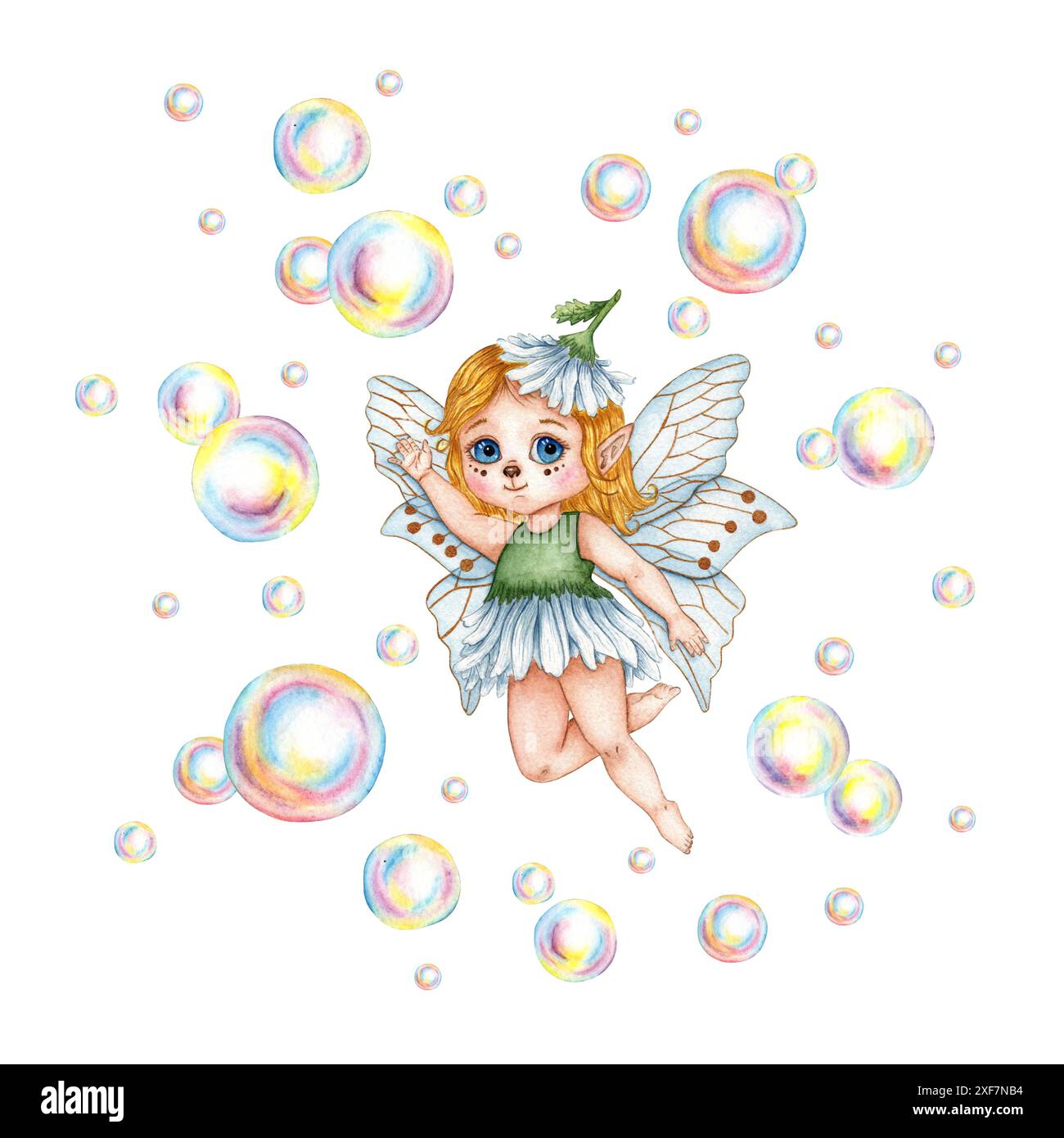Cartoon fairy flower and soap bubbles watercolor illustration ...