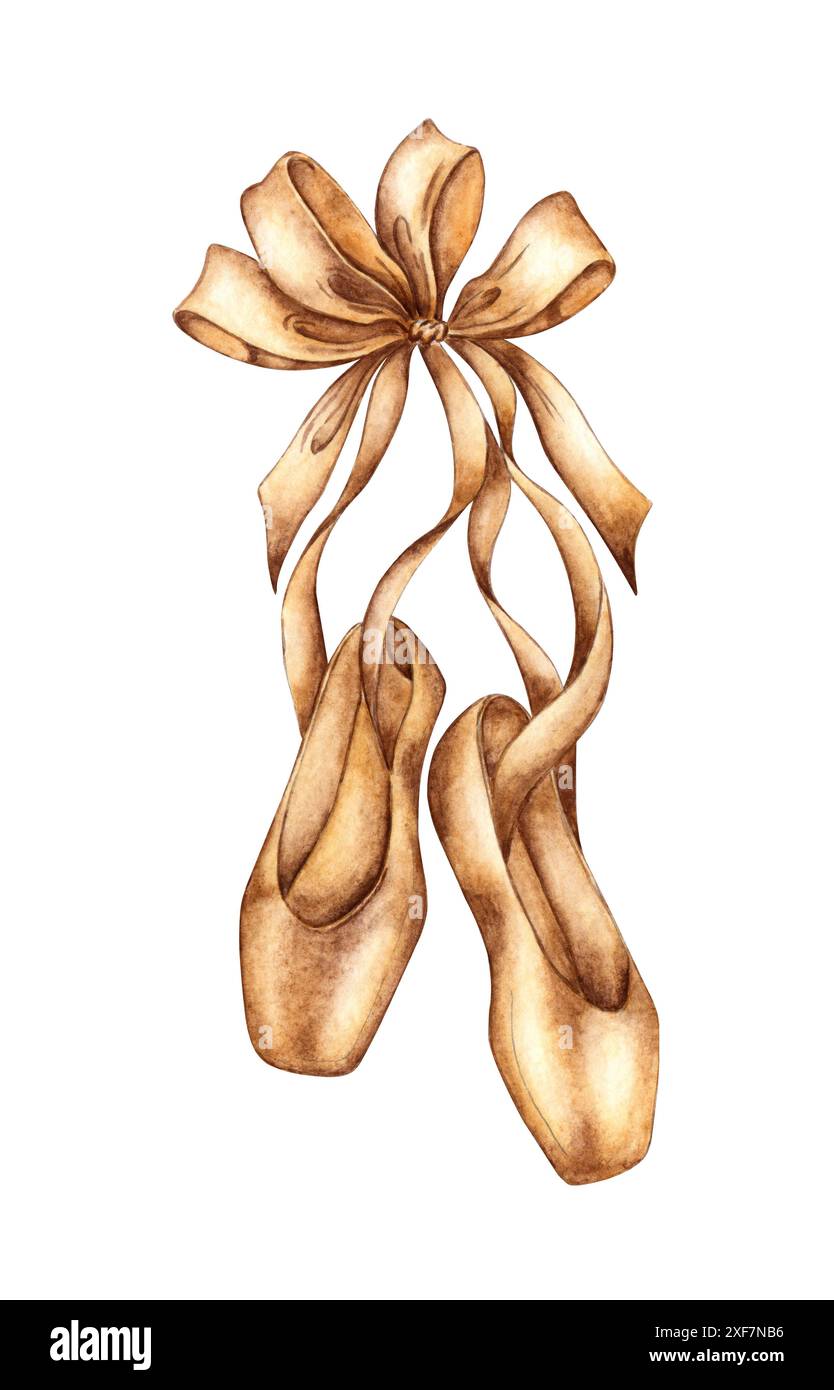 Women's ballet shoes brown with ribbons and bow watercolor illustration ...