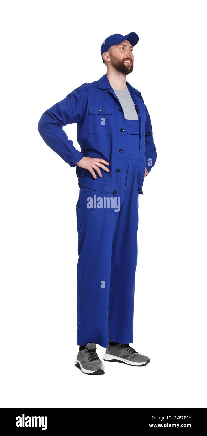 Professional auto mechanic in blue uniform on white background Stock ...