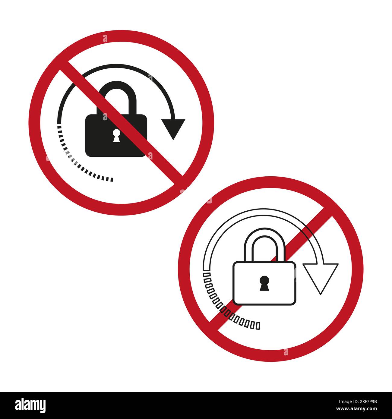 No unlocking icons. Red prohibition signs. Black padlock symbols ...