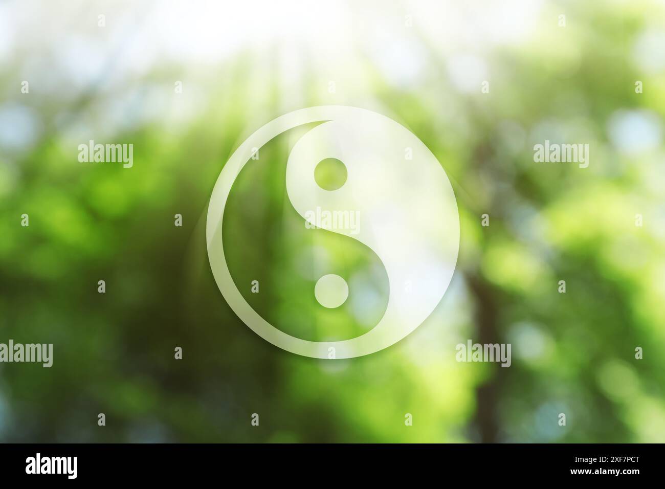 Yin and yang symbol against blurred green trees Stock Photo - Alamy