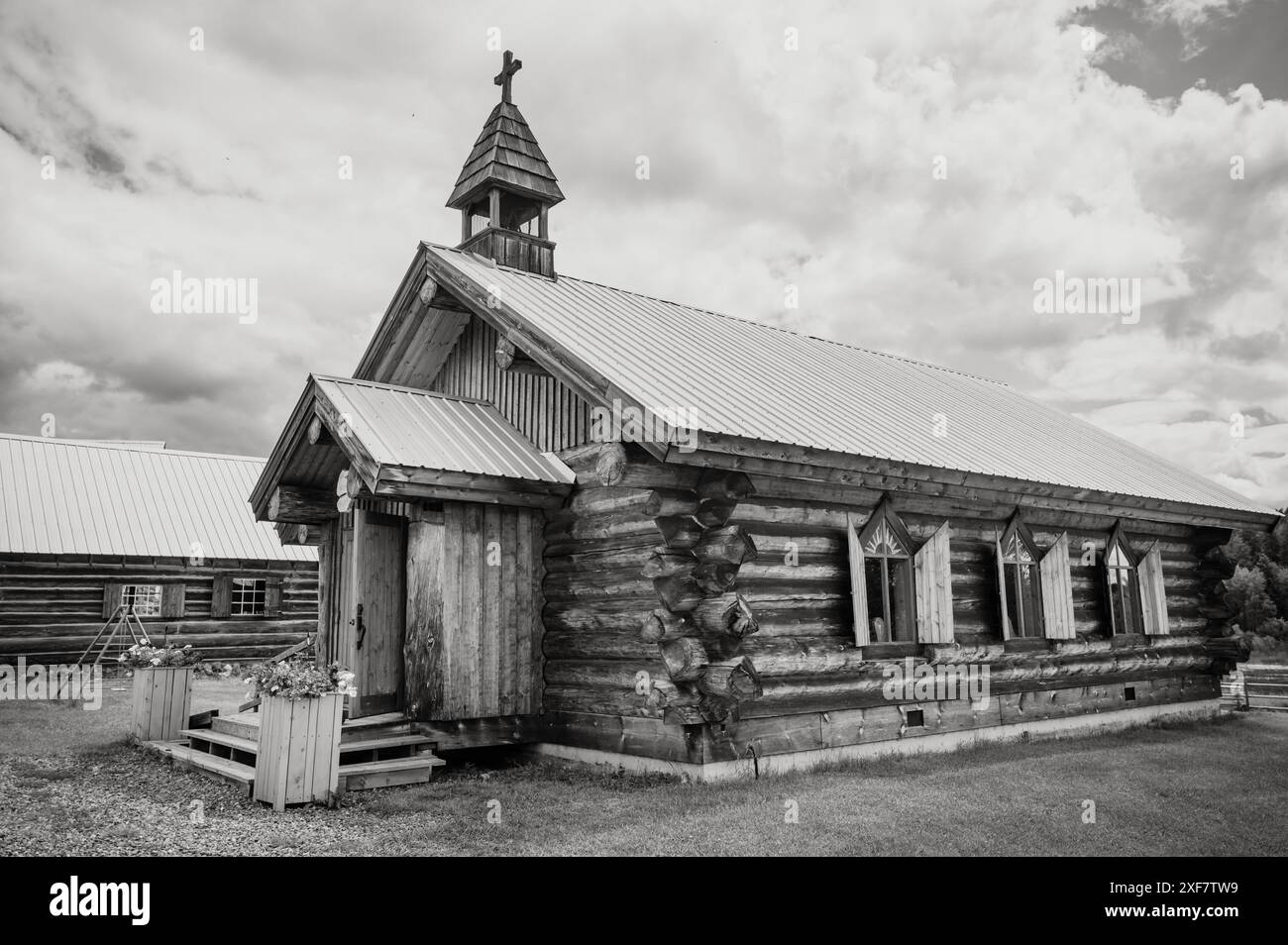 Old log built church. Old buildings and log cabins at the 108 Mile ...