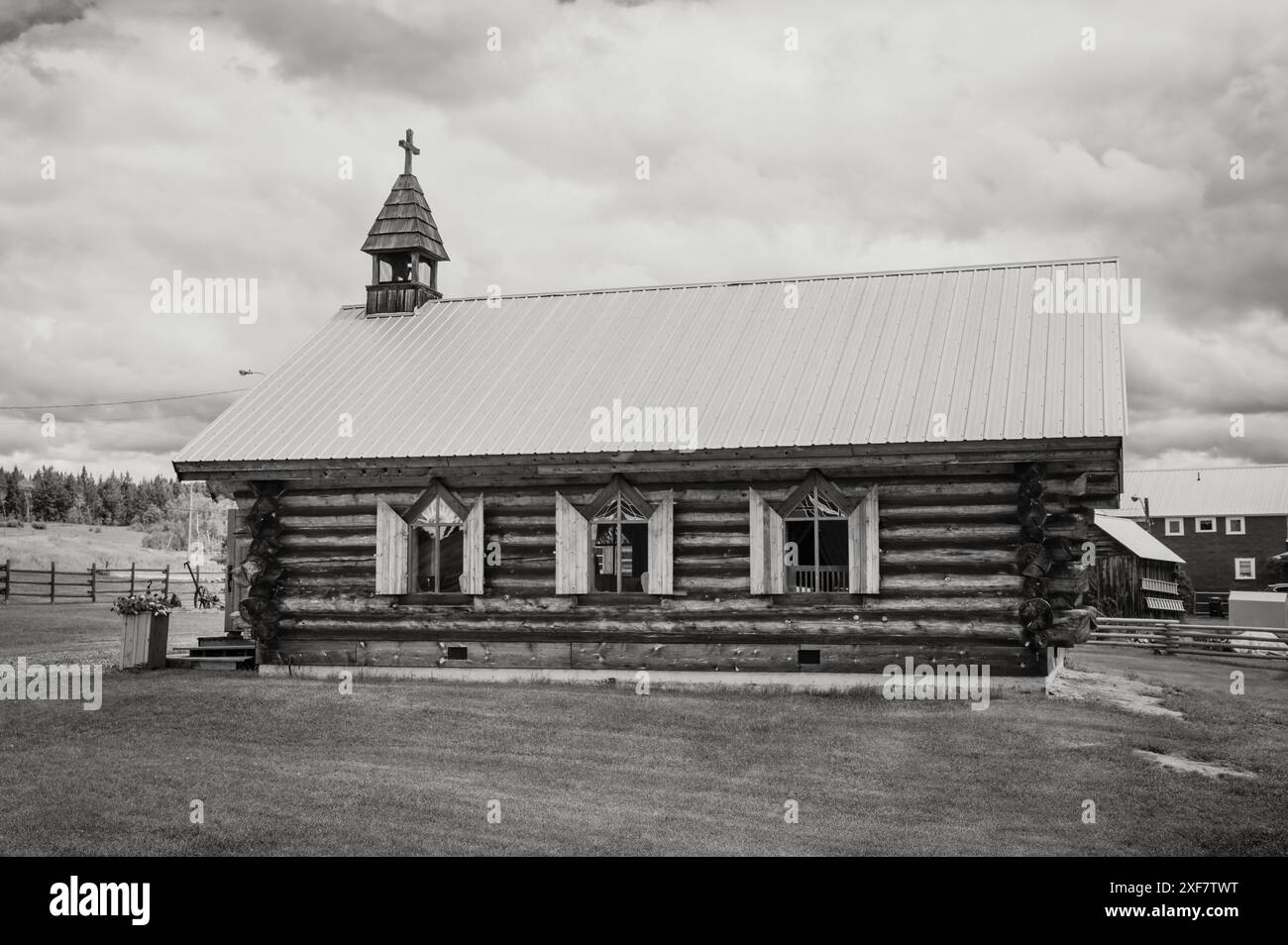 Old log built church. Old buildings and log cabins at the 108 Mile ...