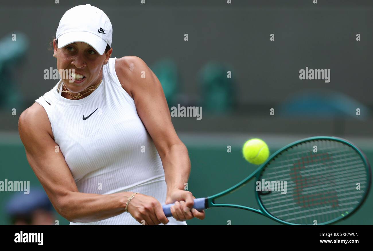 London, Britain. 1st July, 2024. Madison Keys hits a return during the ...