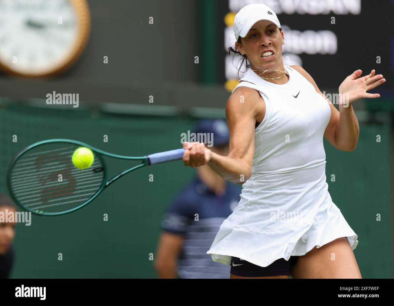 London, Britain. 1st July, 2024. Madison Keys hits a return during the ...