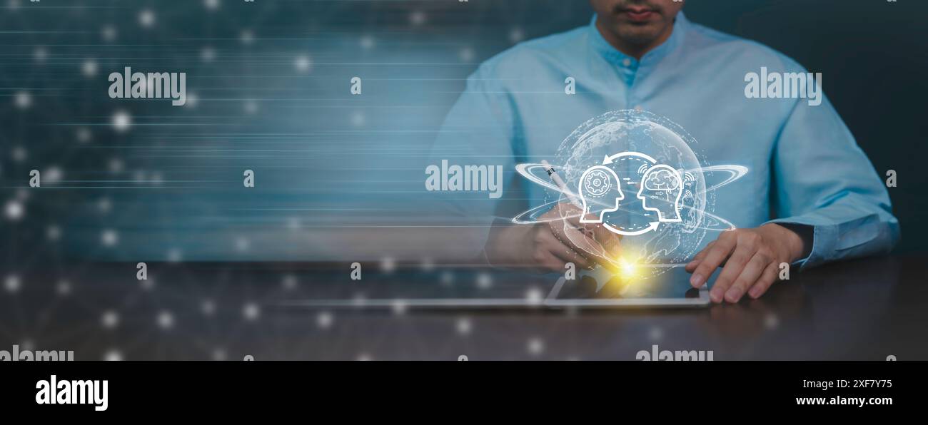 businessman Internet connect Chat with AI, Artificial Intelligence. using command prompt for ...