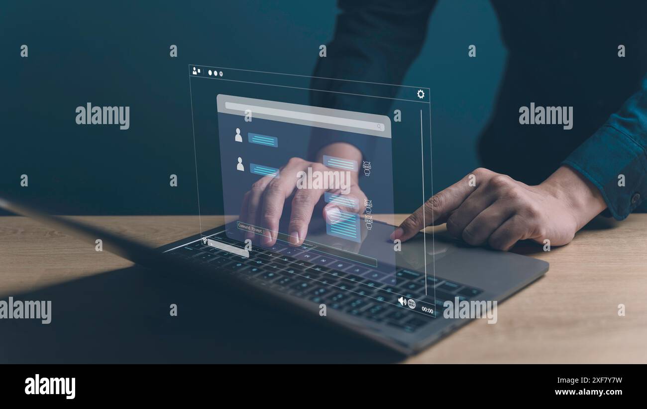 Chat bot Artificial Intelligence (AI), businessman using command prompt for generating something ...