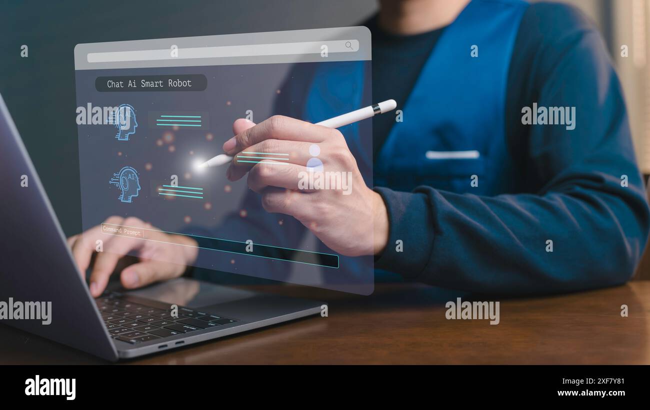 Chat bot Artificial Intelligence (AI), businessman using command prompt for generating something ...