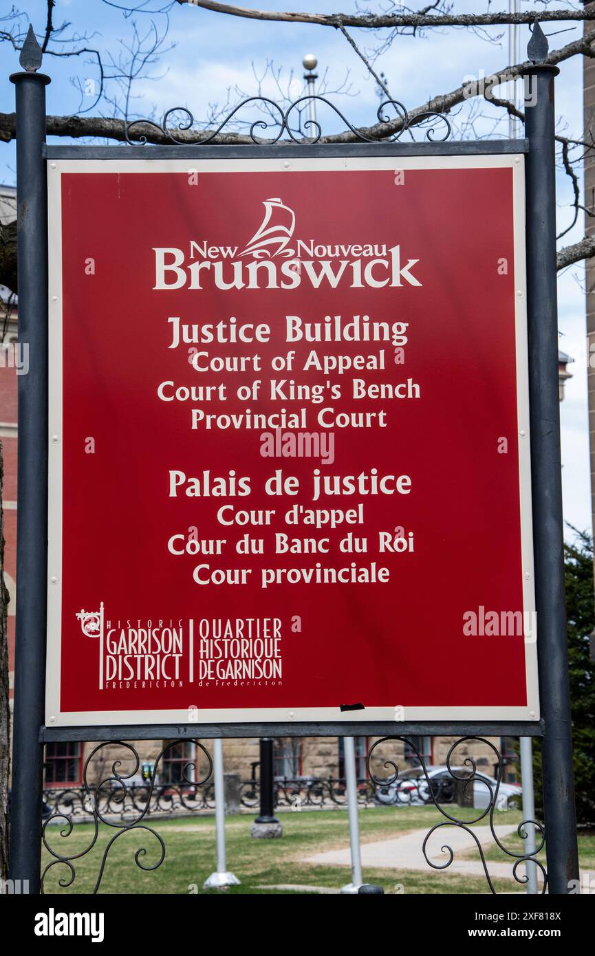 Justice Building sign on Queen Street in downtown Fredericton, New ...
