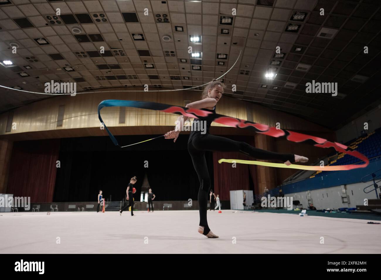 The Ukrainian rhythmic gymnastics team members practice ahead of the ...