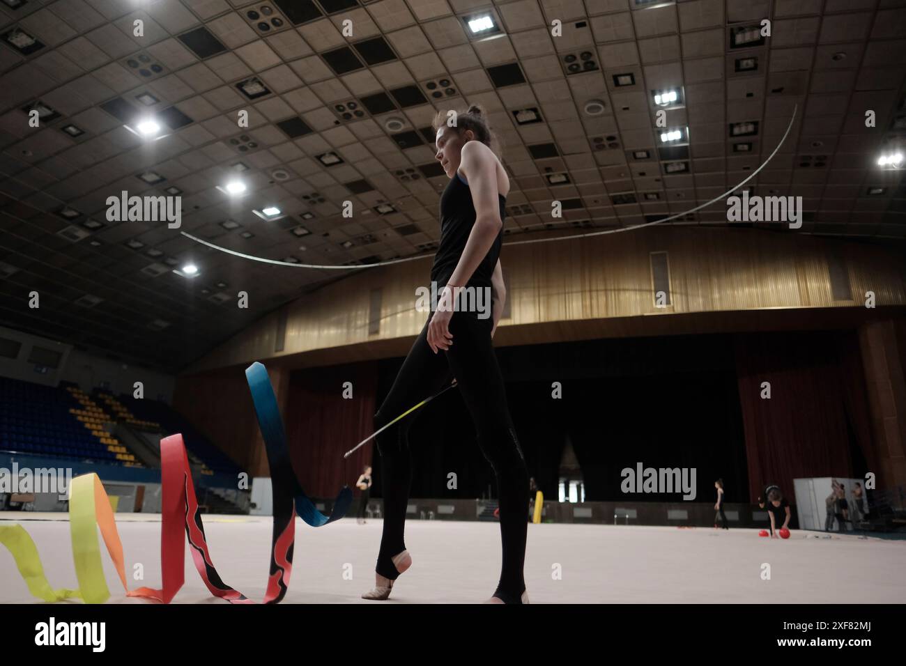The Ukrainian rhythmic gymnastics team members practice ahead of the ...
