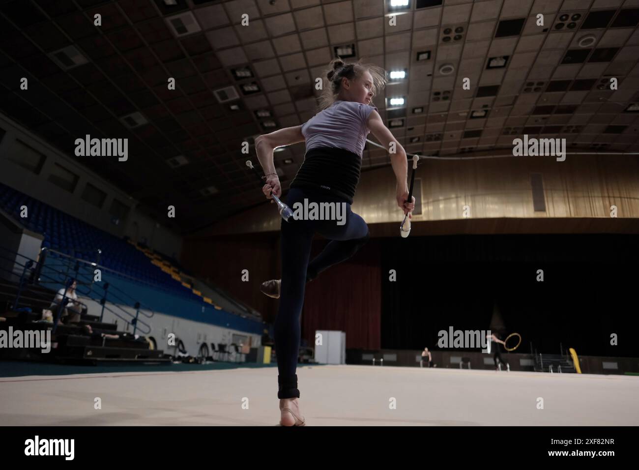The Ukrainian rhythmic gymnastics team members practice ahead of the ...