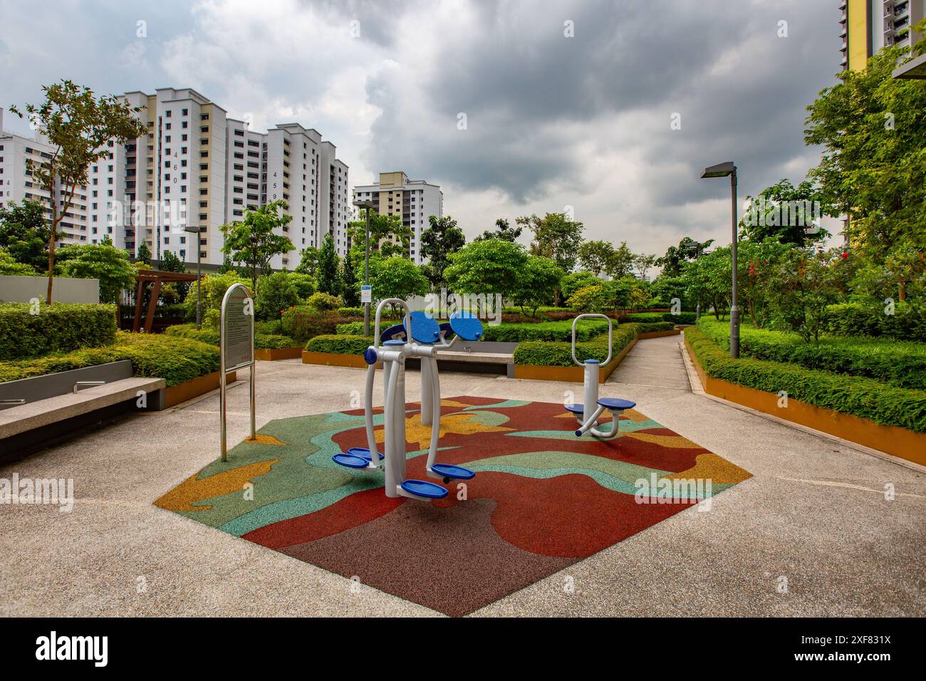 Fitness corner station on rooftop garden. Greenery landscaping ...