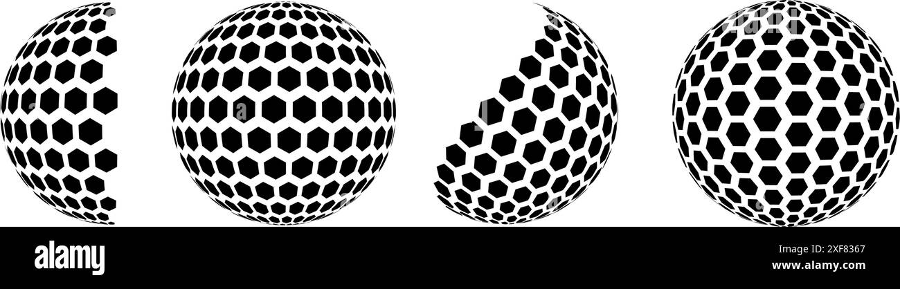 Black halftone pattern sphere set. Hexagon wireframe 3d circle ...