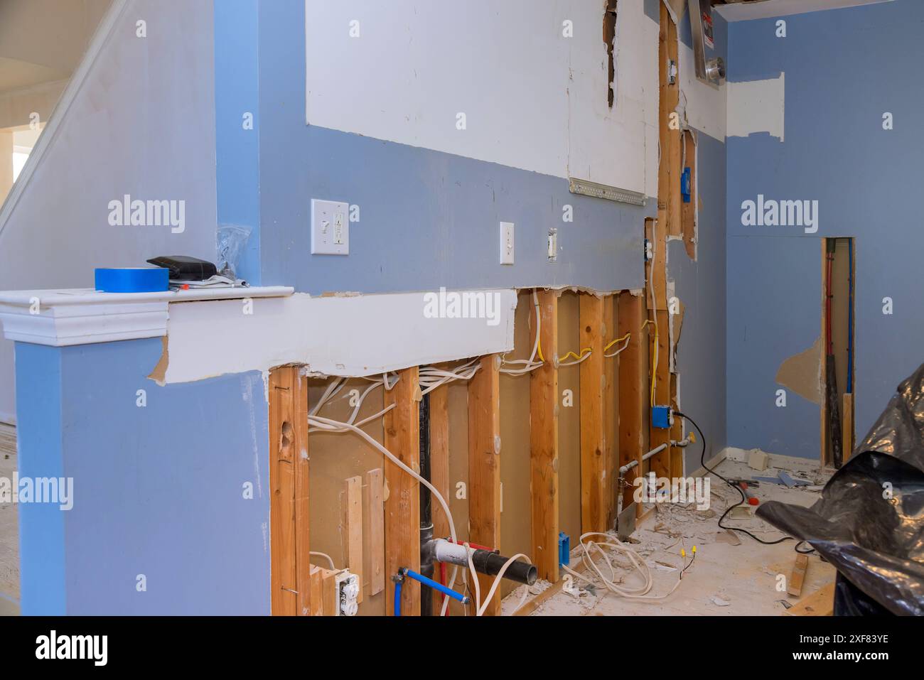 Damaged plasterboard is being replaced in kitchen of house Stock Photo ...