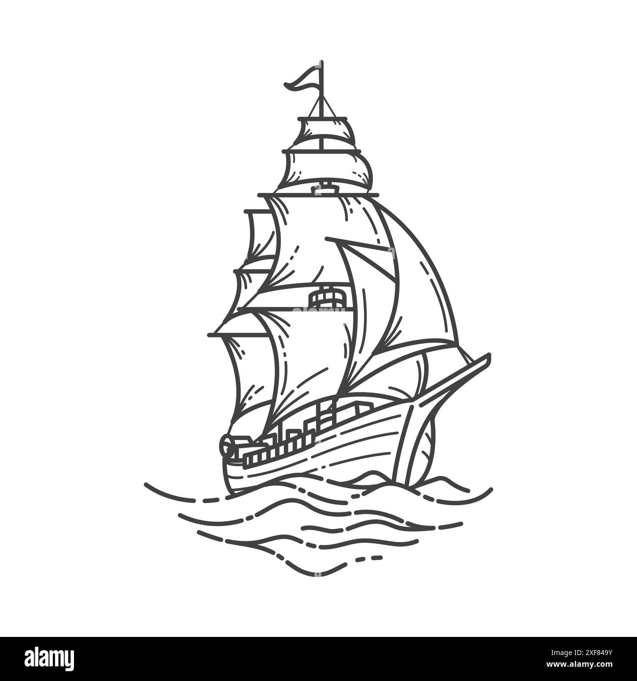 Line art illustration of sailing ship at sea isolated white background ...