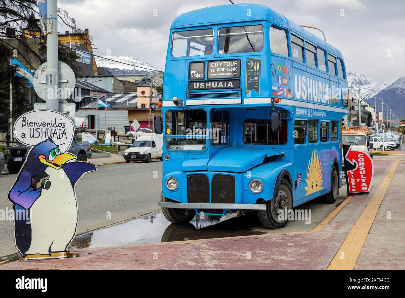 An old London bus now being used as a city tour bus in Ushuaia ...
