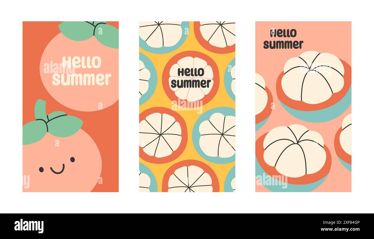 Summer poster mangosteen set in flat style. Art for poster, postcard ...