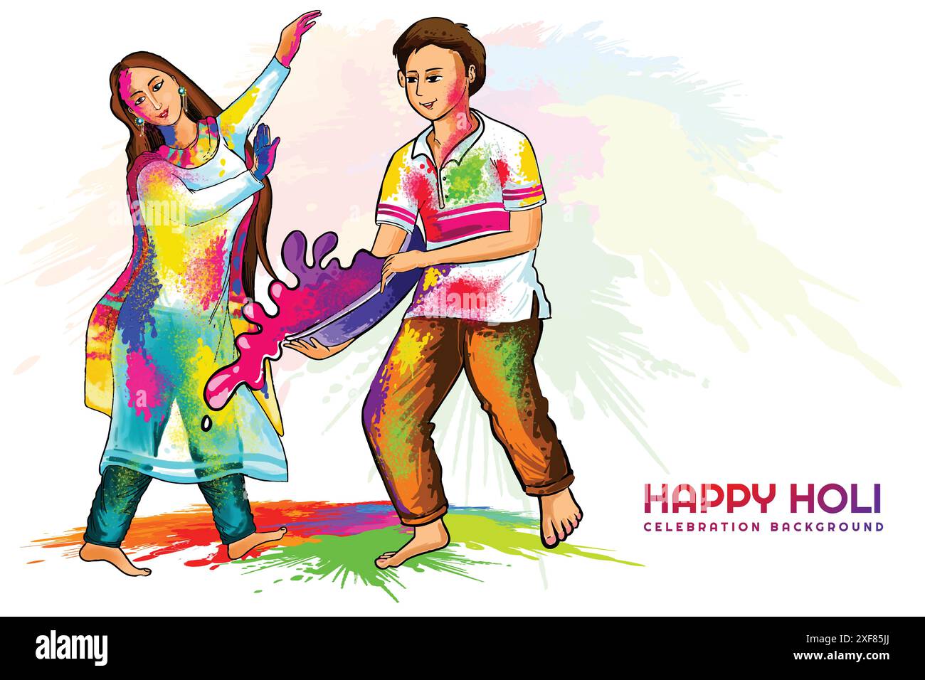 Hand draw fun couple dance celebrate colorful holi card background ...