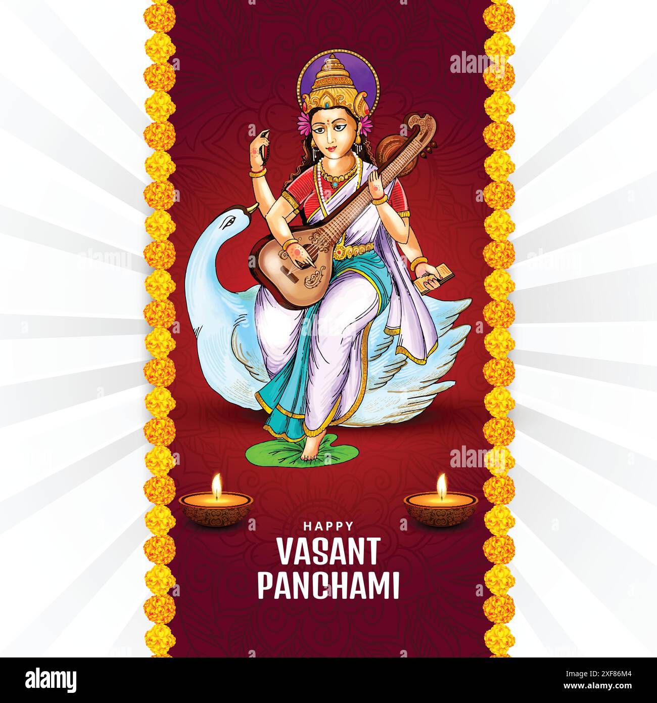 Sarasvati for happy vasant panchami puja of india card background Stock ...