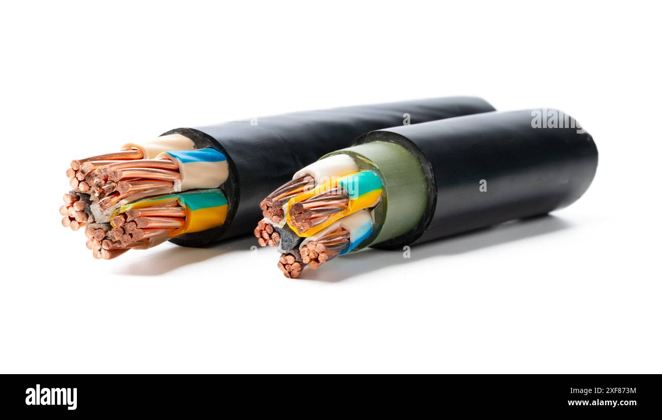 Various Electrical Wires With Exposed Copper Strands on White Background Stock Photo - Alamy