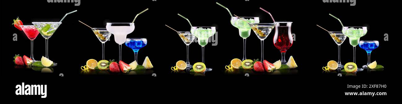 Different alcohol cocktails like beer, martini, soda, champagne ...