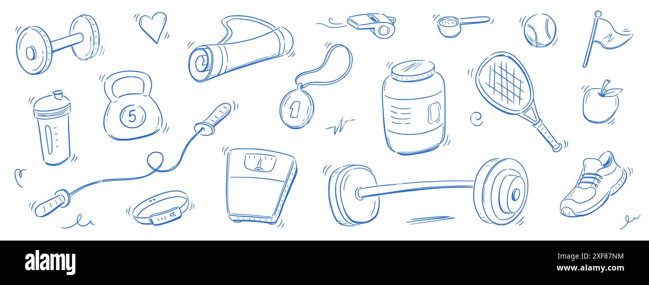 Sport gym sketch health icon set. Hand drawn sketch doodle healthy ...