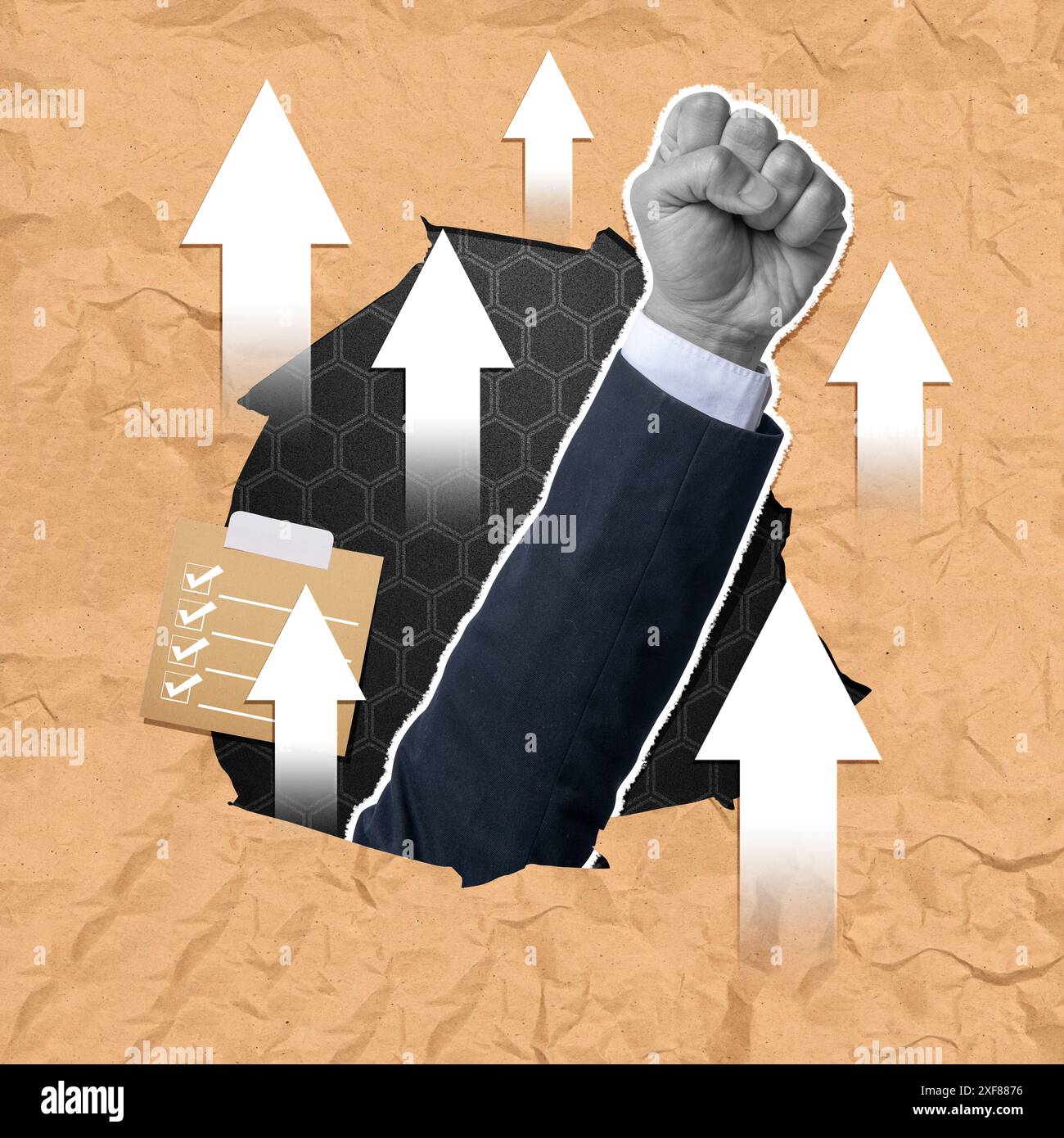 The business hand raised his arm with a checkmark list and rising ...